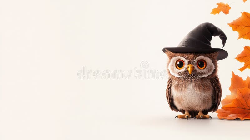 Tiny Owl Wearing Wizard Hat Stands beside Autumn Leaves Stock ...