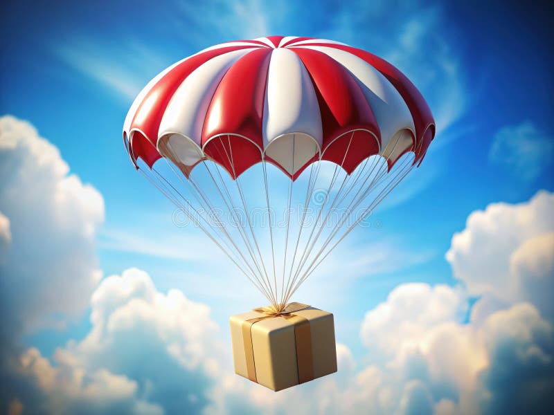 Tiny Package Descending on Red and White Parachute a Minimalist 3D ...