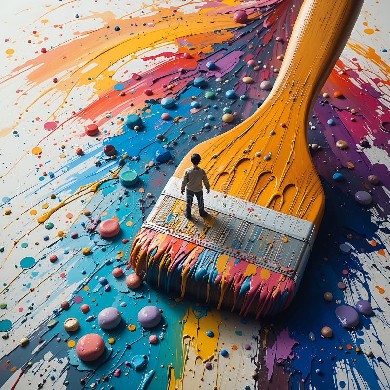 A Tiny Painter Standing on a Giant Paintbrush, Painting a Huge Canvas ...
