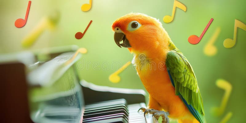 Tiny Parrot Plays Piano Surrounded by Music Notes Stock Illustration ...