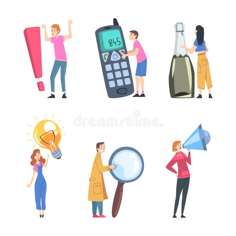 Man and Woman Interacting with Large Food Vector Set Stock Vector ...