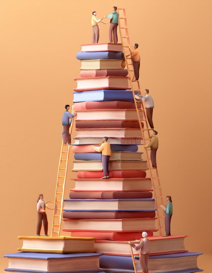 Tiny People Climbing Giant Stack of Books Stock Illustration ...