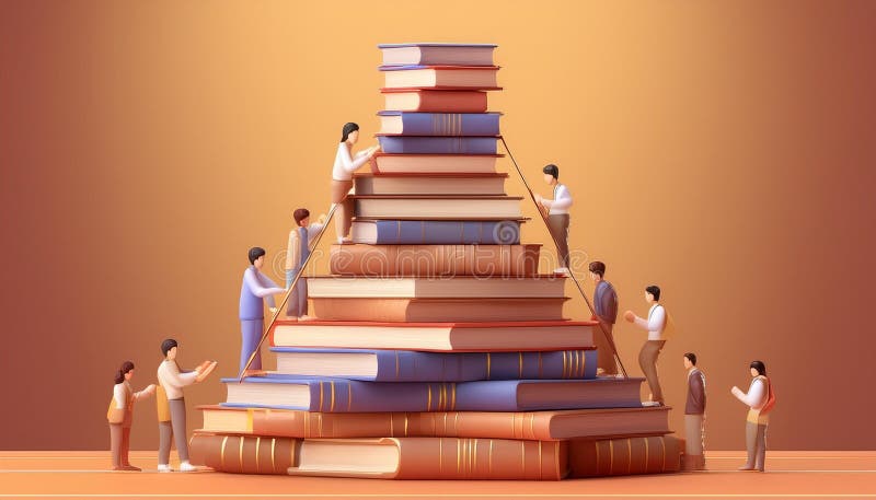 Tiny People Climbing Giant Stack of Books Teamwork Concept Stock ...