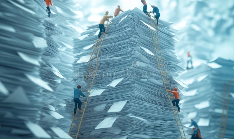 Tiny People Climbing a Huge Stack of Paperwork, with Ropes and Ladders ...