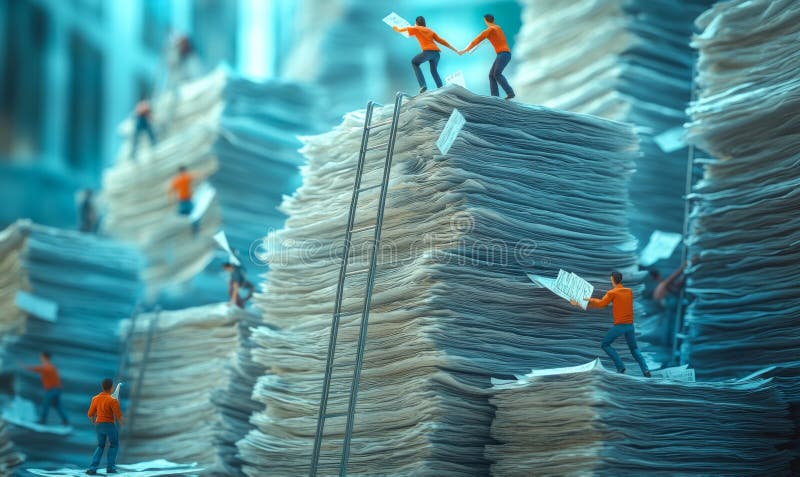 Tiny People Climbing a Huge Stack of Paperwork, with Ropes and Ladders ...