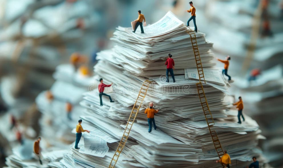 Tiny People Climbing a Huge Stack of Paperwork, with Ropes and Ladders ...