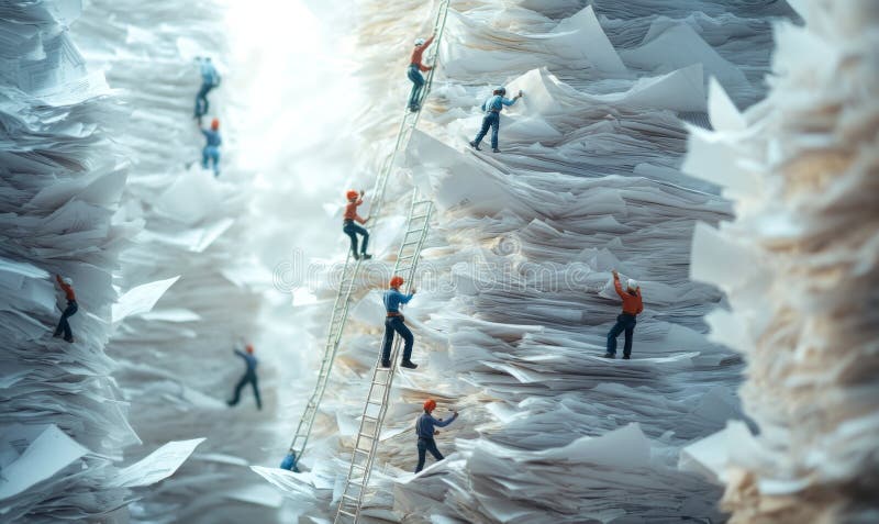 Tiny People Climbing a Huge Stack of Paperwork, with Ropes and Ladders ...