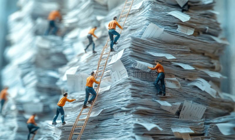 Tiny People Climbing a Huge Stack of Paperwork, with Ropes and Ladders ...