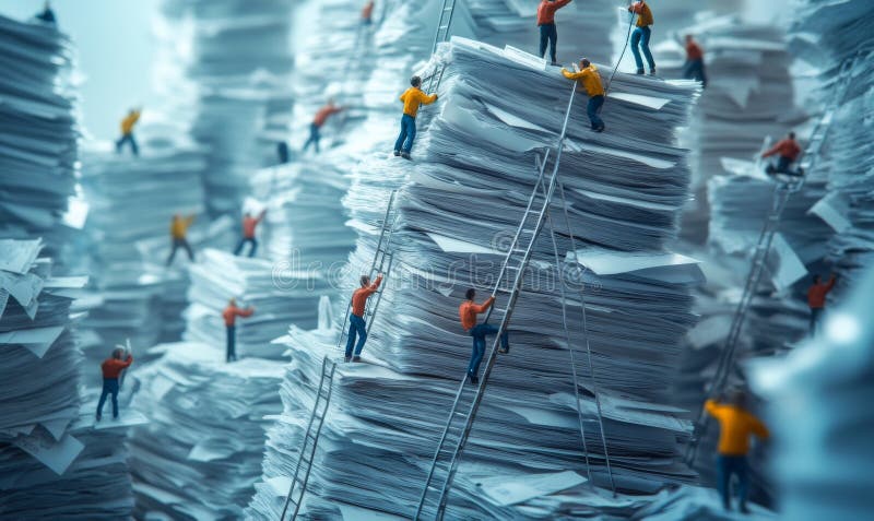 Tiny People Climbing a Huge Stack of Paperwork, with Ropes and Ladders ...