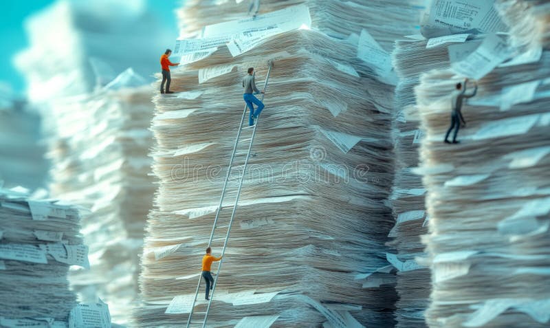 Tiny People Climbing a Huge Stack of Paperwork, with Ropes and Ladders ...