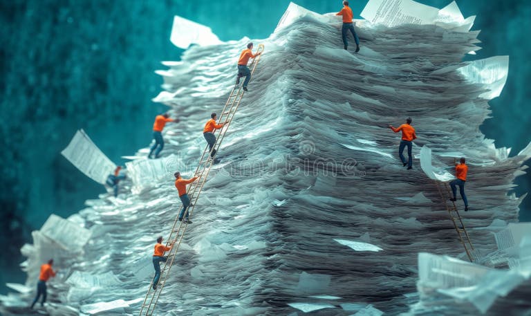 Tiny People Climbing a Huge Stack of Paperwork, with Ropes and Ladders ...