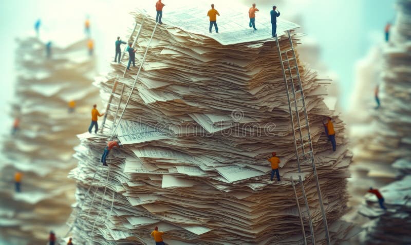 Tiny People Climbing a Huge Stack of Paperwork, with Ropes and Ladders ...