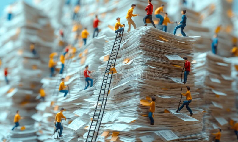 Tiny People Climbing a Huge Stack of Paperwork, with Ropes and Ladders ...
