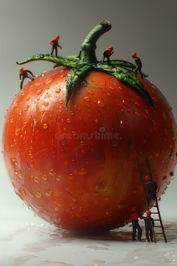 Tiny People Climbing a Huge Tomato in a Digital Illustration Stock ...