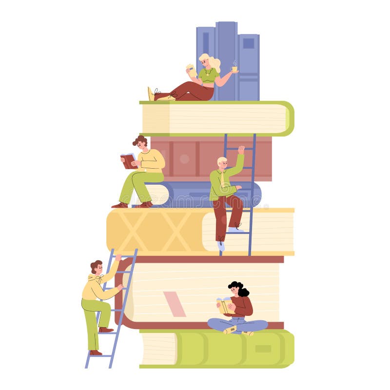 Tiny People Climbing On Top Of Stacked Books Flat Vector Illustration