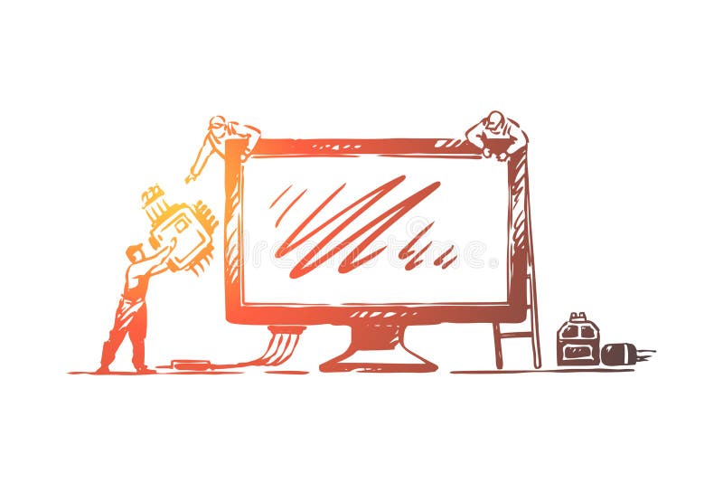 Tiny People Fixing Computer Monitor, Technical Support, Chip ...