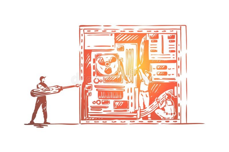 Tiny People Fixing Pc System Unit, Technical Support, Hardware Parts ...