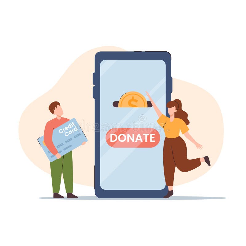 Tiny People and Huge Mobile Phone Screen with Donate Button Flat Style ...