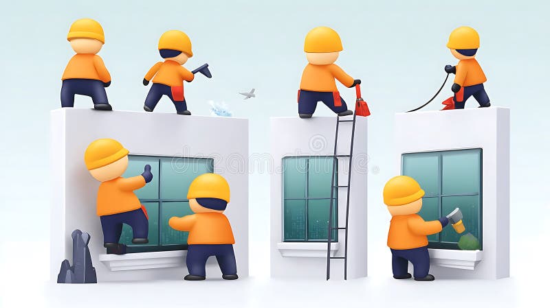 Tiny People Performing Various Window Cleaning Tasks, Showcasing ...