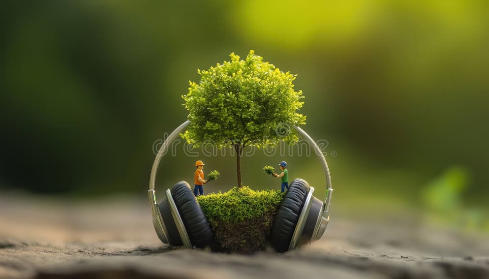 Tiny People Planting Tree Inside Headphone with Greenery - a Miniature ...