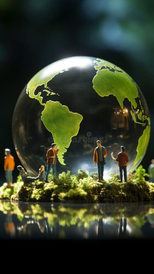 Tiny People Positioned on Grass, Framed by an Earth Crystal Ball Stock ...