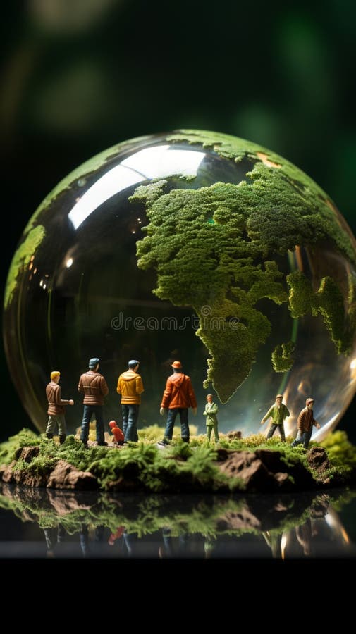 Tiny People Positioned on Grass, Framed by an Earth Crystal Ball Stock ...