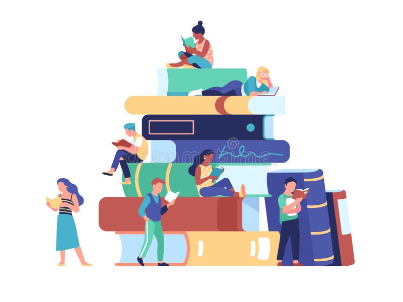Tiny People Read Books. Large Stack of Literature and Little Readers ...