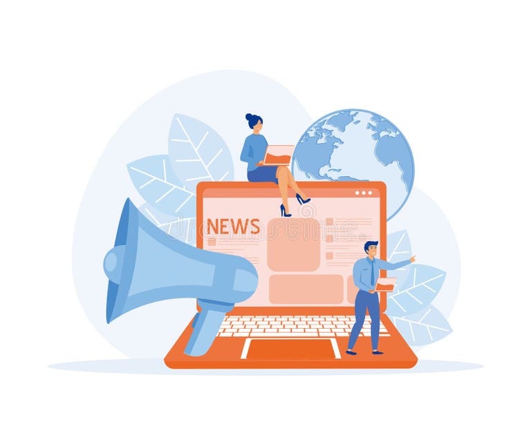 Tiny People Read Breaking News Online Using Laptop. Flat Vector Modern ...