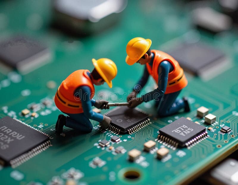 Tiny People in Safety Gear Fix a Microchip on a Complex Circuit Board ...