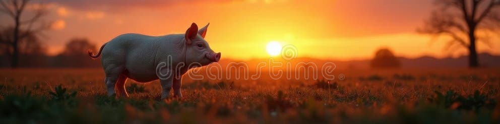 Tiny Pig Stands in Its Pen As the Sun Dips Below the Horizon , Farming ...
