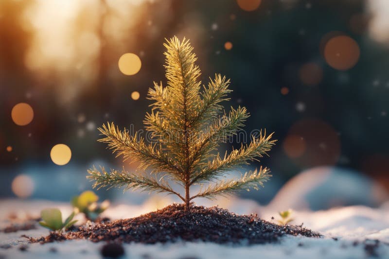 A Tiny Pine Tree Starts To Grow in Snowy Environment Stock Photo ...