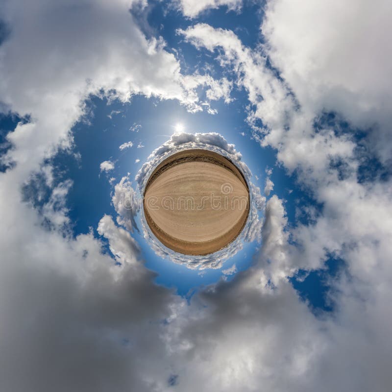 Tiny Planet in Blue Overcast Evening Sky with Beautiful Clouds with Transformation of Spherical ...