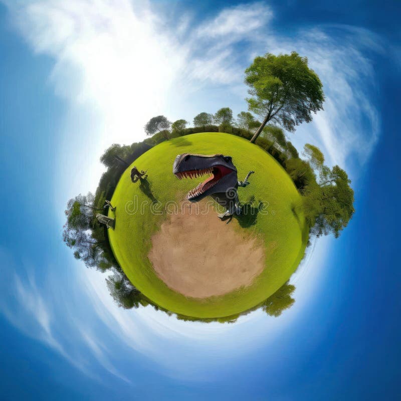 Tiny Planet with Dinosaurs and Trees in a Surreal Landscape - AI Generated Art Stock Photo ...