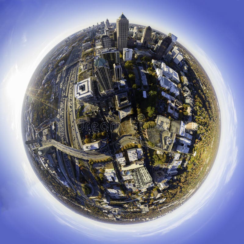 Tiny Planet Effect in Midtown Atlanta during Sunset with Sun Rays Stock ...