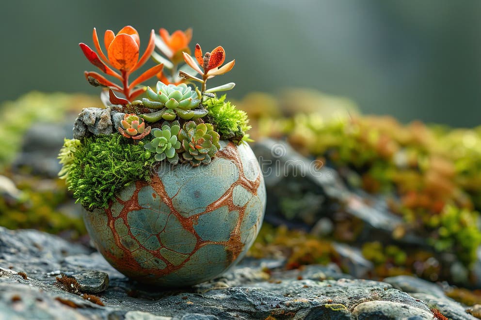 Miniature Planet Adorned with Lush Vegetation and Vibrant Bushes Set Against Natural Stone ...
