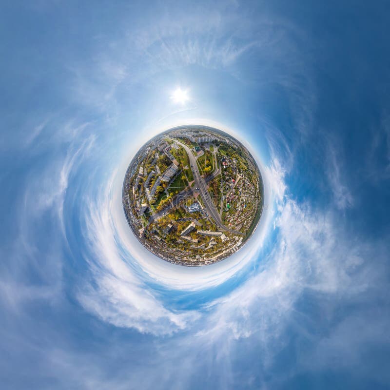 Tiny Planet in Sky with Clouds Overlooking Old Town, Urban Development ...