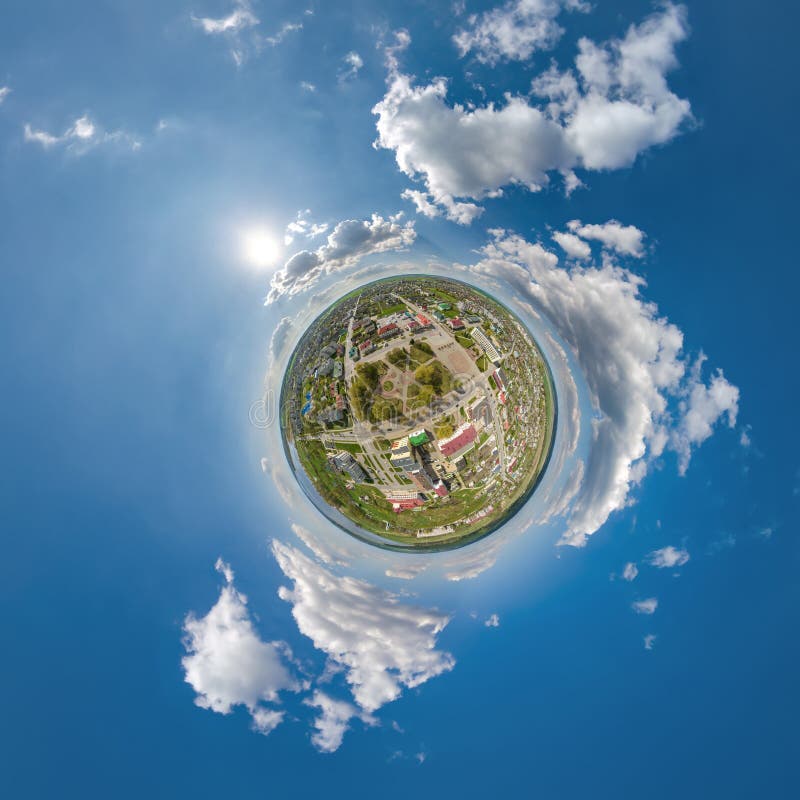 Tiny Planet in Sky with Clouds Overlooking Old Town, Urban Development ...