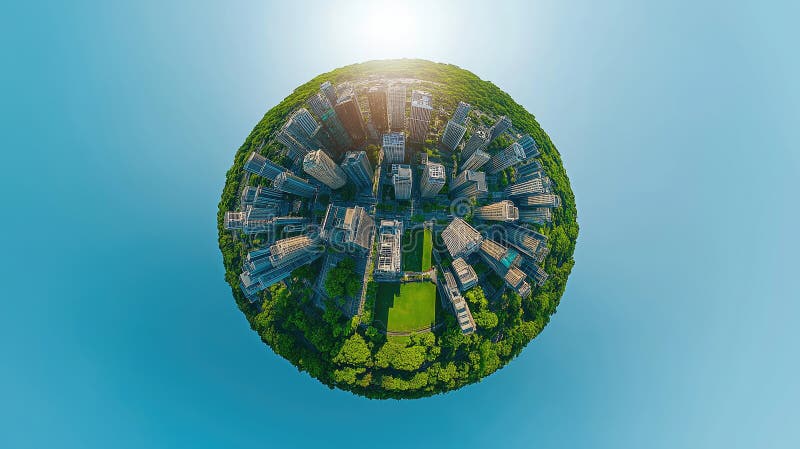 Tiny Planet Urban Cityscape with Greenery. Earth Day, Earth Hour Stock ...