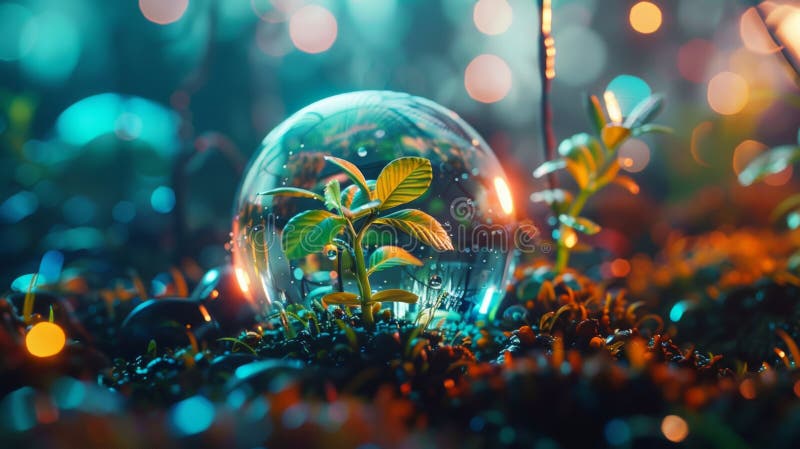 Tiny Plant Protected Inside a Transparent Dome with Glowing Lights ...