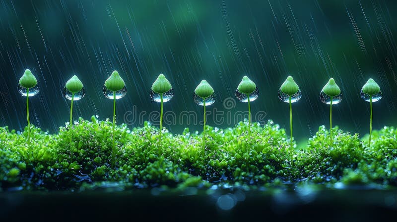 Tiny Plants in Rain, Lush Moss, Nighttime Stock Photo - Image of ...