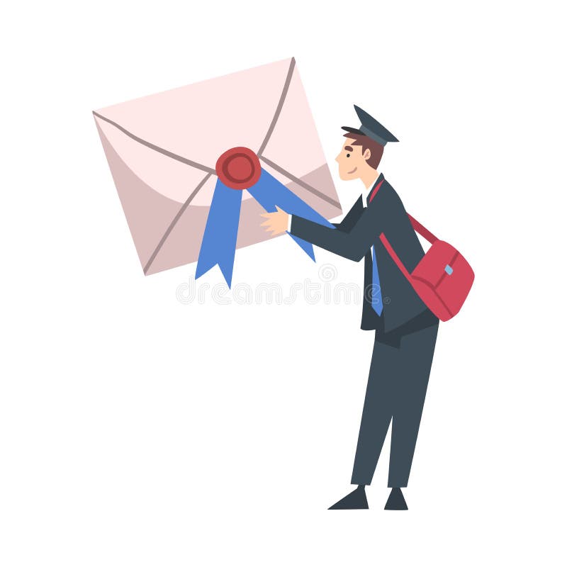Tiny Postman Holding Huge Envelope, Postal Service, Correspondence ...