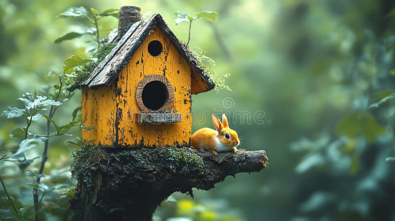 Tiny Rabbit Lying on a Tree Trunk Next To a Birdhouse. Fantasy Concept ...