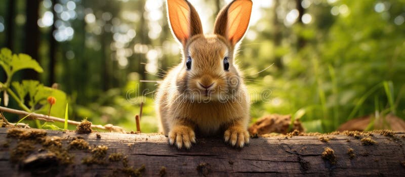 Tiny Rabbit Rests on Log in Forest, Surrounded by Grass and Terrestrial ...