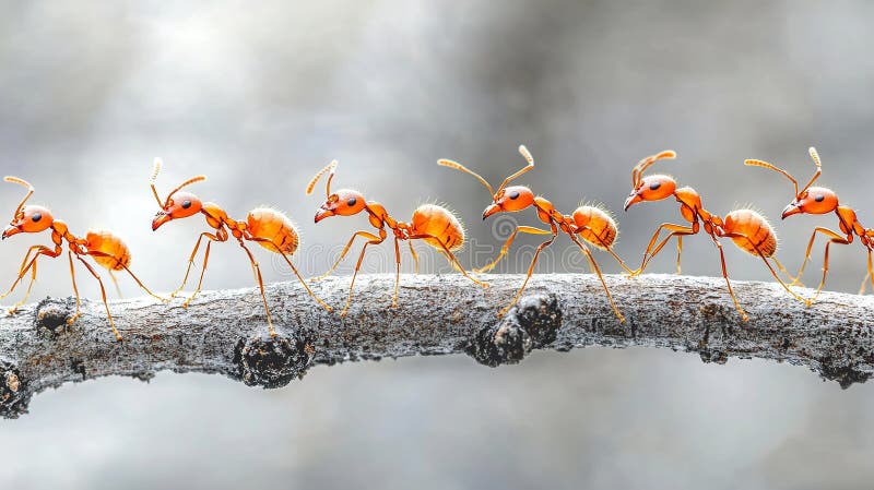 Tiny Red Ants Marching in a Line on a Branch Stock Illustration ...