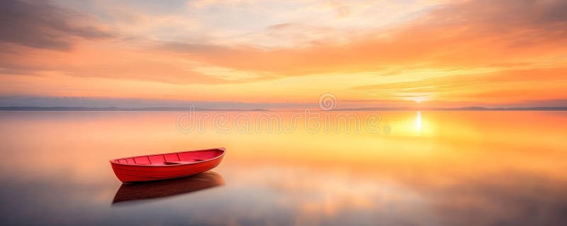 Small Red Boat Floating on Perfectly Still Lake Reflecting Golden ...