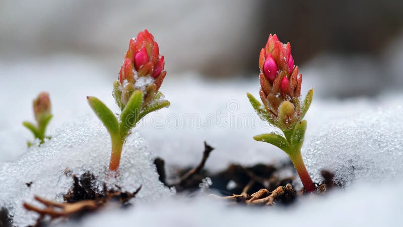 Tiny Red Flower Buds Sprouting through the Melting Snow, Signaling the ...