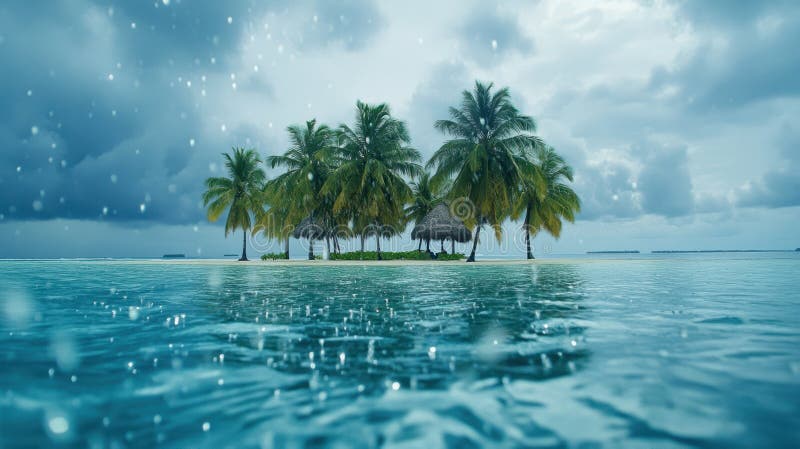 Tiny Remote Island Floating on Blue Water Under Dark Storm Clouds Stock ...