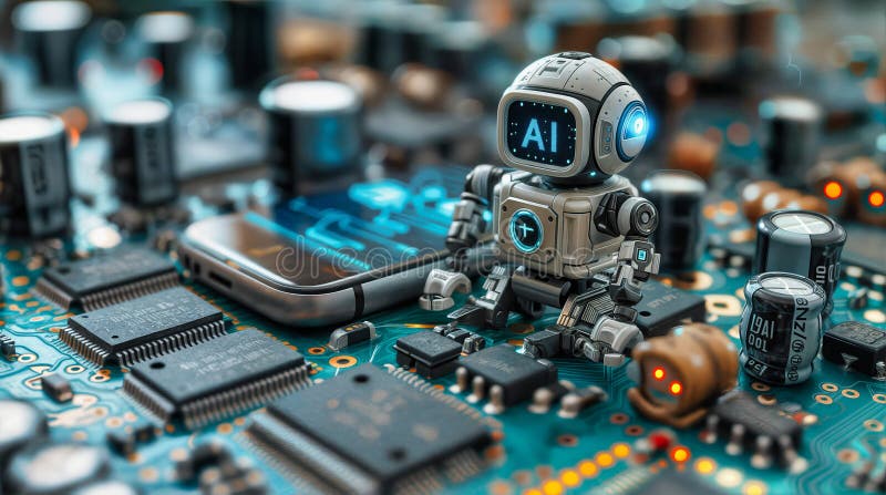 A Tiny Robot with a Cell Phone on a Computer Board, with the ...