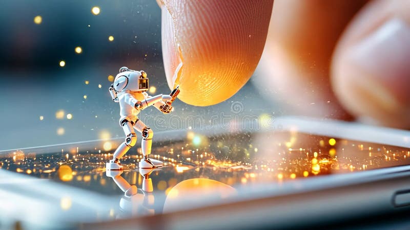 Tiny Robot Interacting with Technology on a Smartphone Screen Stock ...