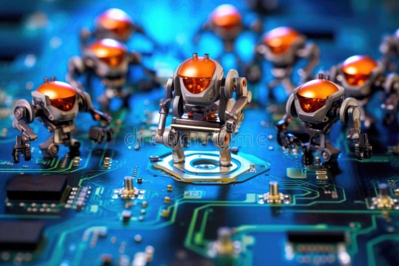 Tiny Robots on a Silicon Chip Under Macro Lens Stock Illustration ...
